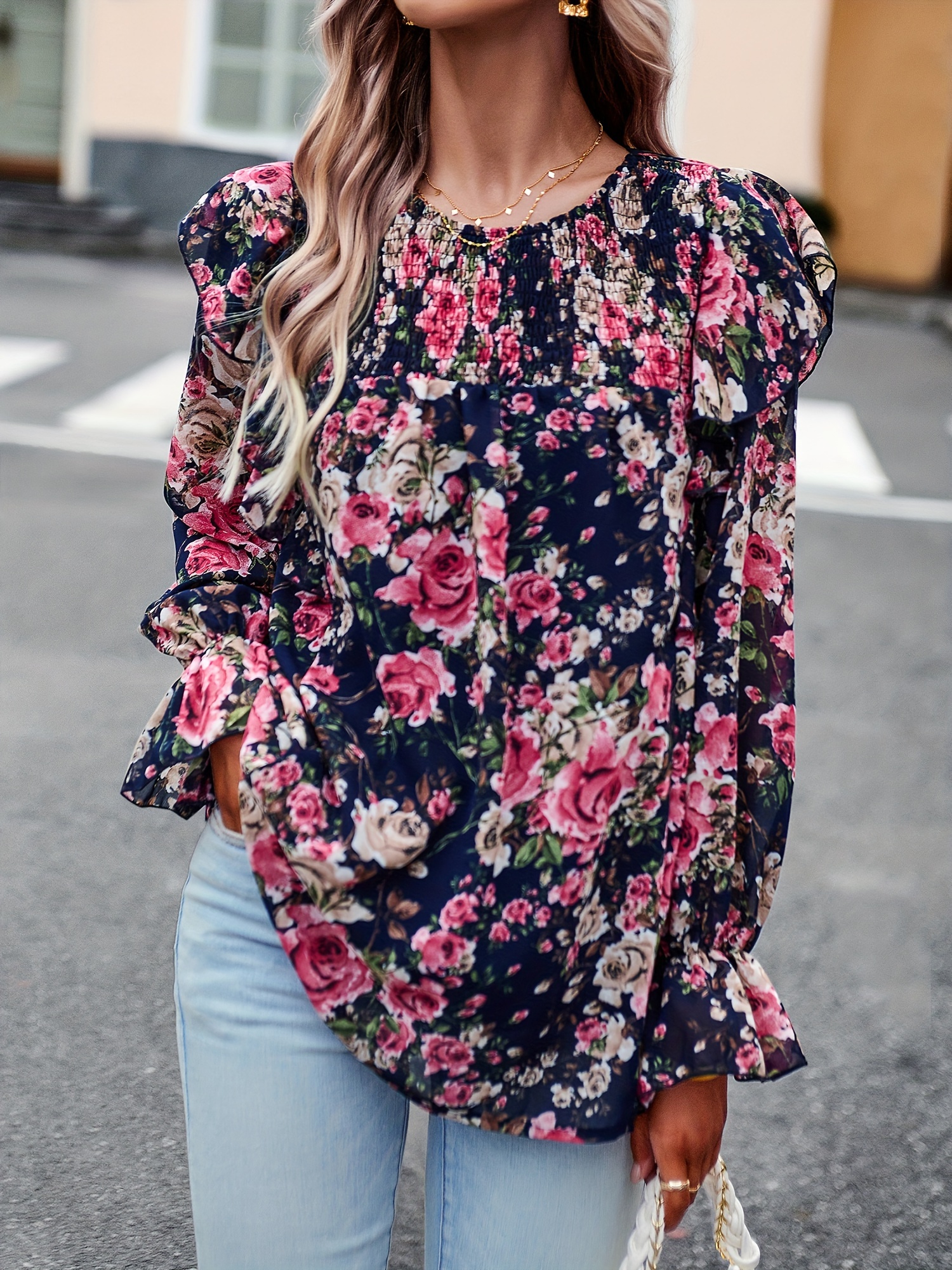 Floral Neck Blouse Elegant Long Sleeve Shirred Temu