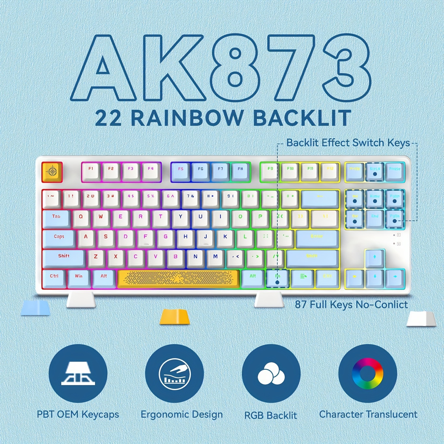 Ak873 게이밍 키보드 무지개색 Led 백라이트 핫 스왑 라이너 레드 스위치 Pbt 키캡 75 Tkl 레 Temu