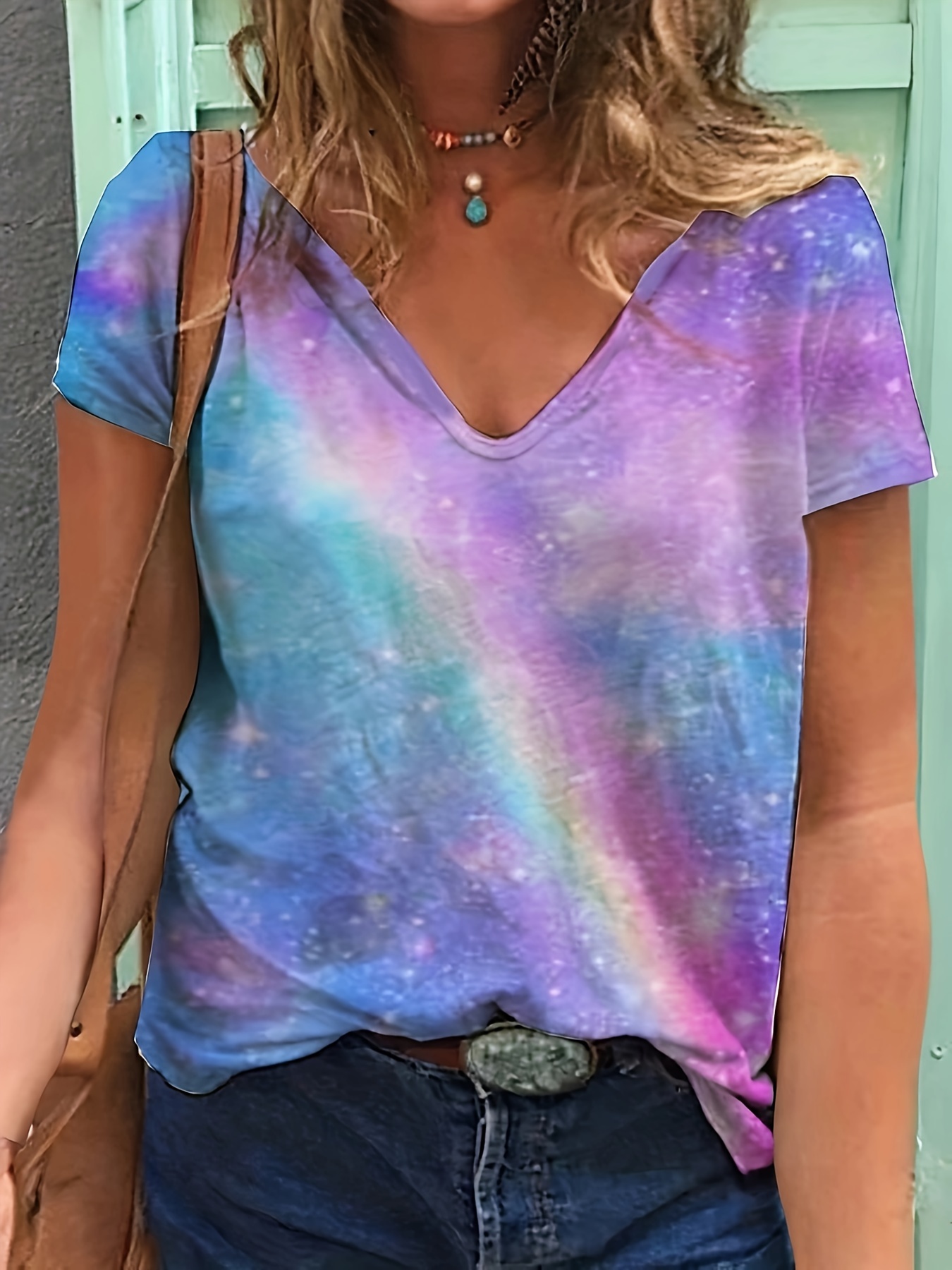 Colorful Print T shirt Plus Size Casual Short Sleeve Top - Temu New Zealand