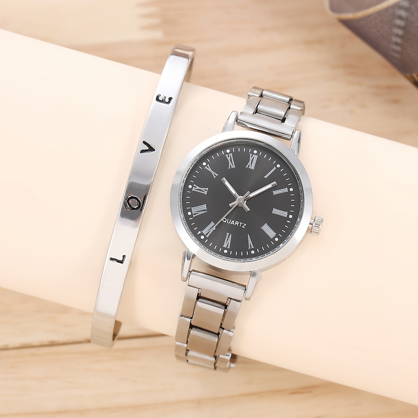 Simple Quartz Watch & Silvery "love" Bracelet Set - Temu United Kingdom
