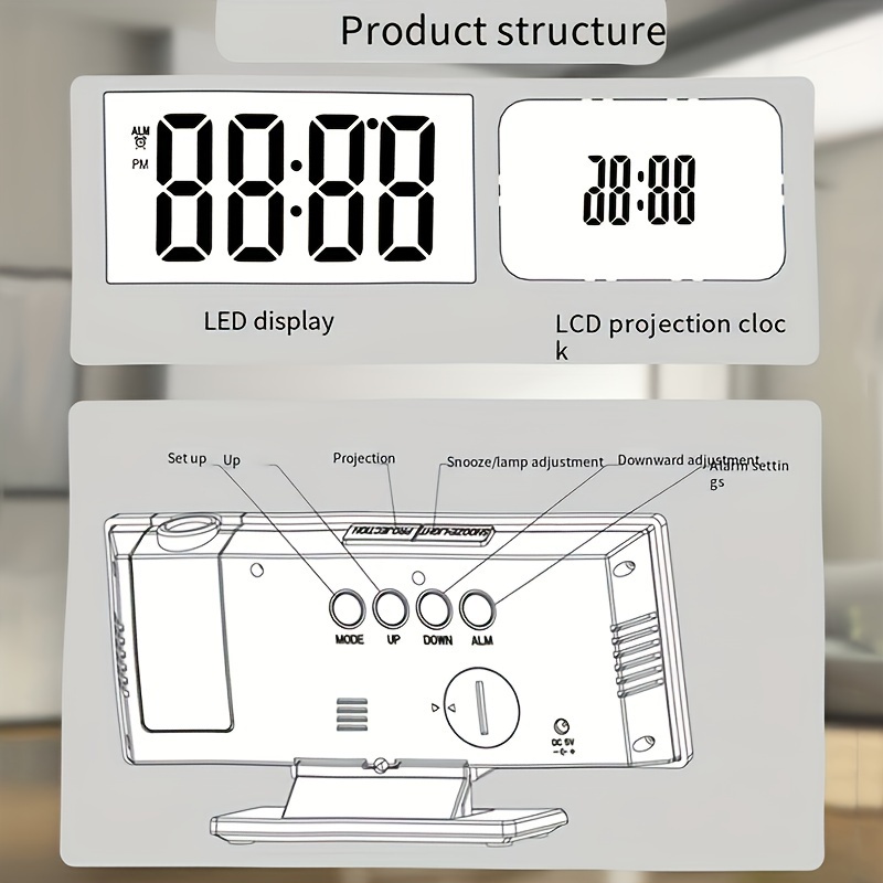 1pc 3d 프로젝션 알람 시계 여러 가지 빛깔의 단어 스누즈 시계 대형 Led 미러 시계 디스플레이 온도 자동 밝기 침실