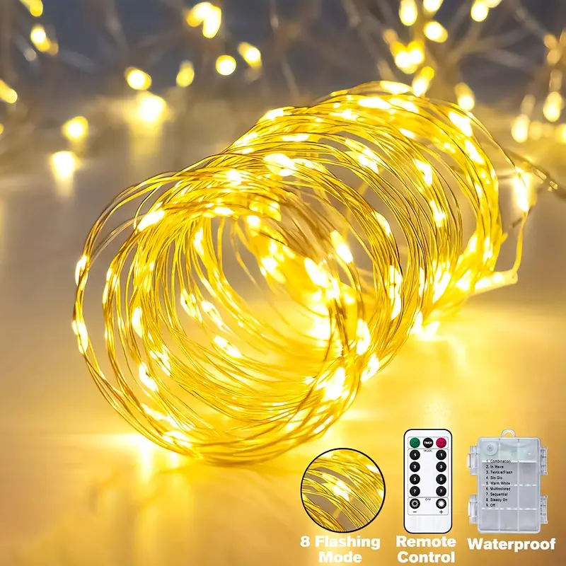 1 팩 동화 구리 와이어 조명 50100200 Led 스트링 조명 배터리 전원 원격 제어 작동 방수 8 모드 요정