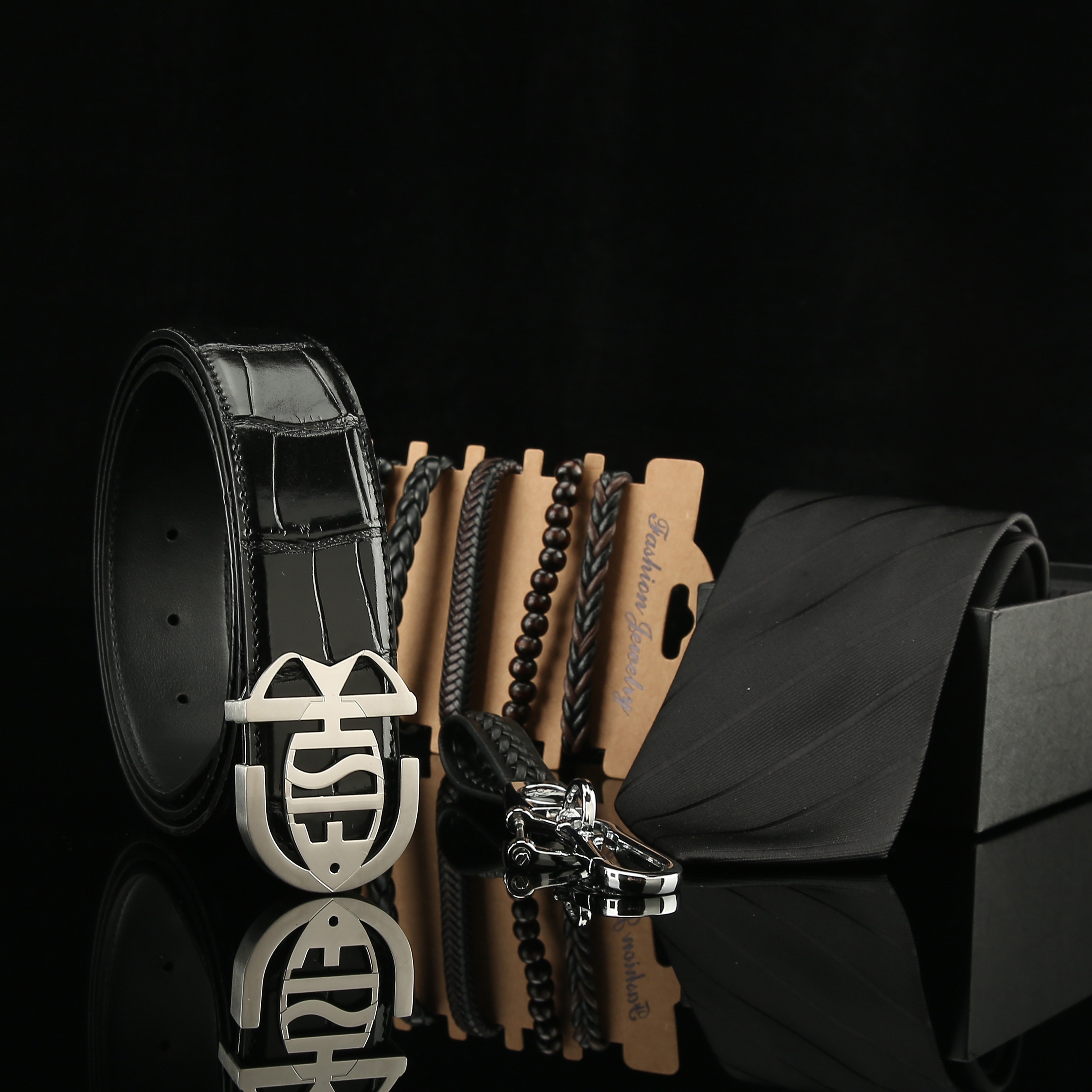 Mens Genuine Leather Belt Gift Set Trendy Fish Pattern Buckle Crocodile ...