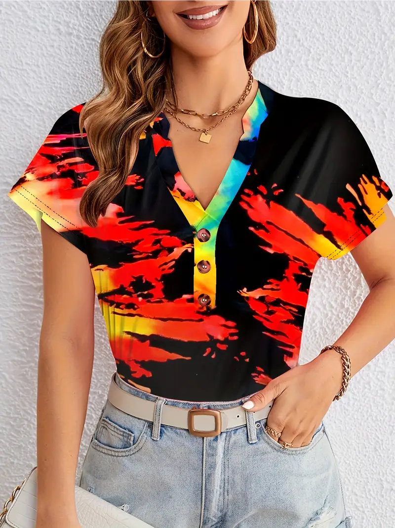 Gradient Button Front T Shirt Casual V Neck Short Sleeve Temu