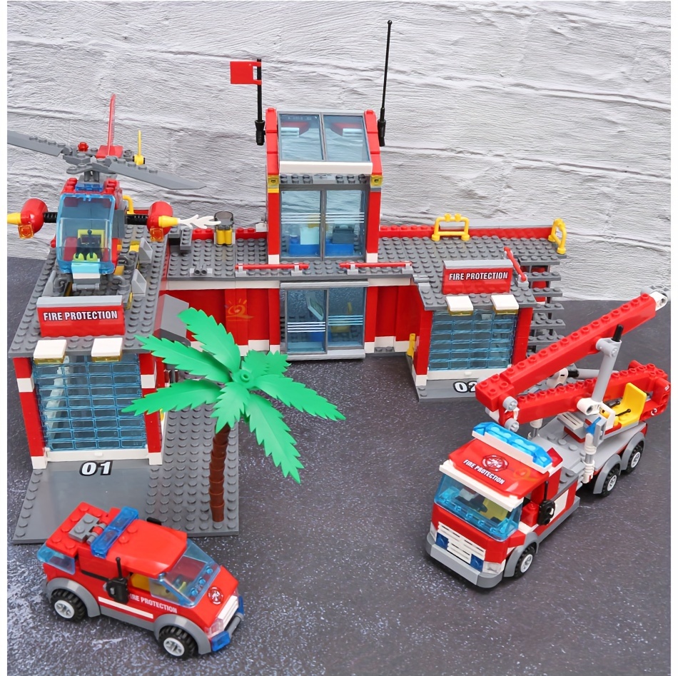 City Fire Station Model Building Blocks, Firefighter Truck Helicopter ...
