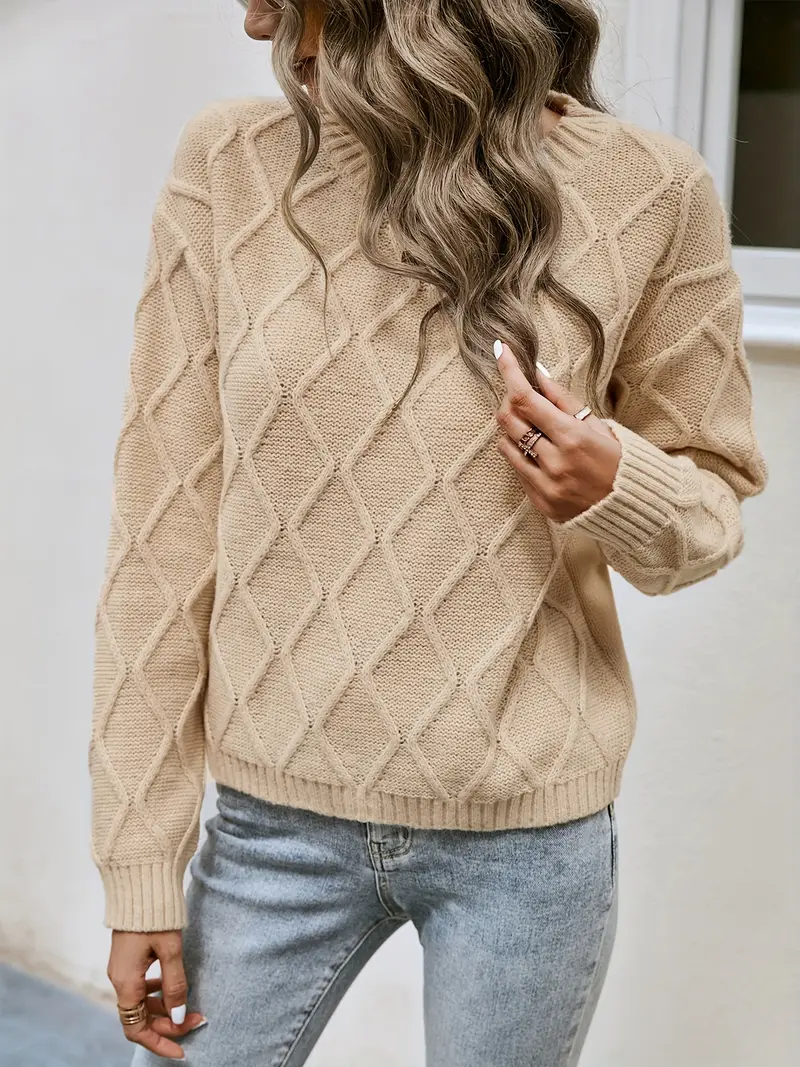 Argyle Solid Knit Sweater Elegant Crew Neck Long Sleeve Temu