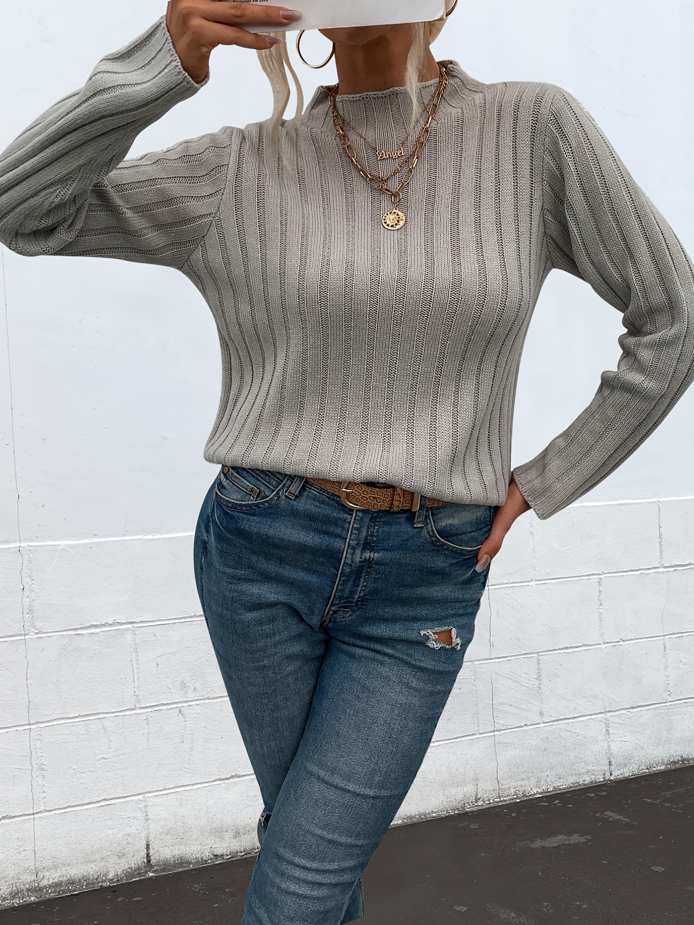 High Neck Pit Strip Sweater Casual Long Sleeve Slim Fit - Temu Australia