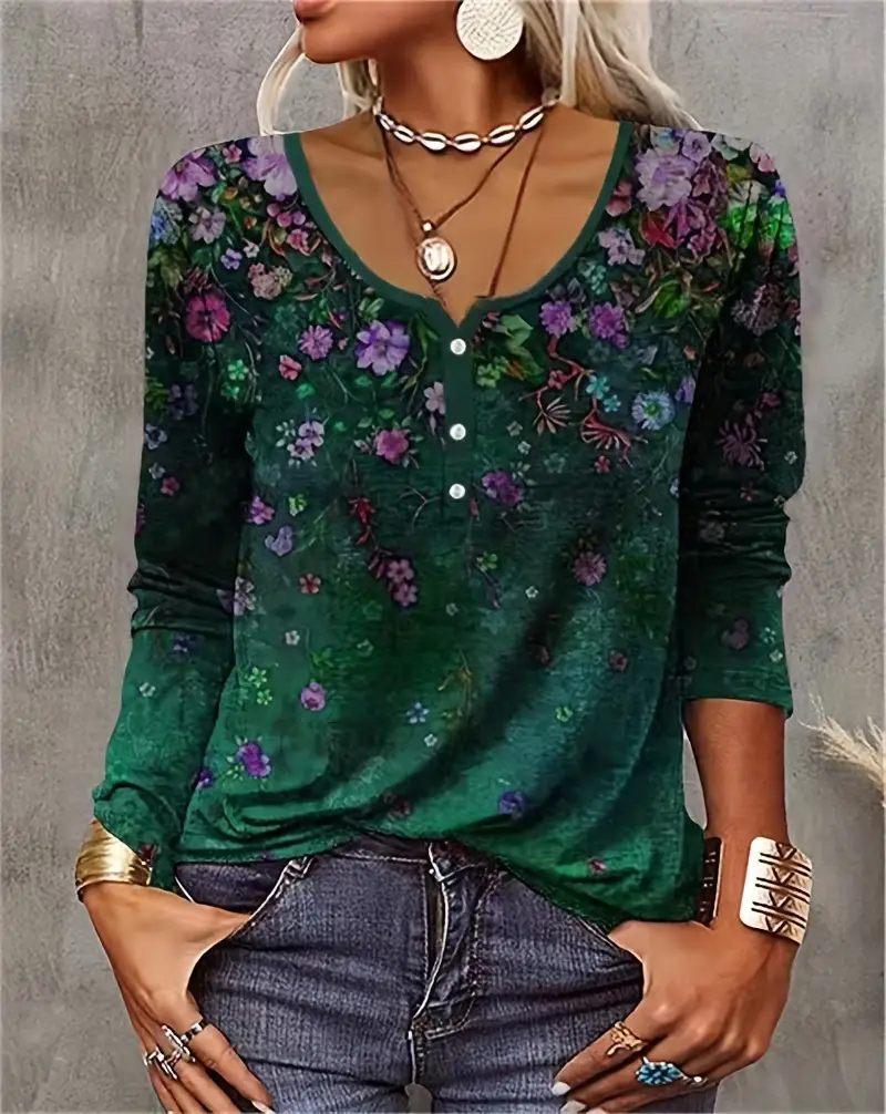 Plus Size Casual T Shirt Womens Plus Floral Print Button Temu United