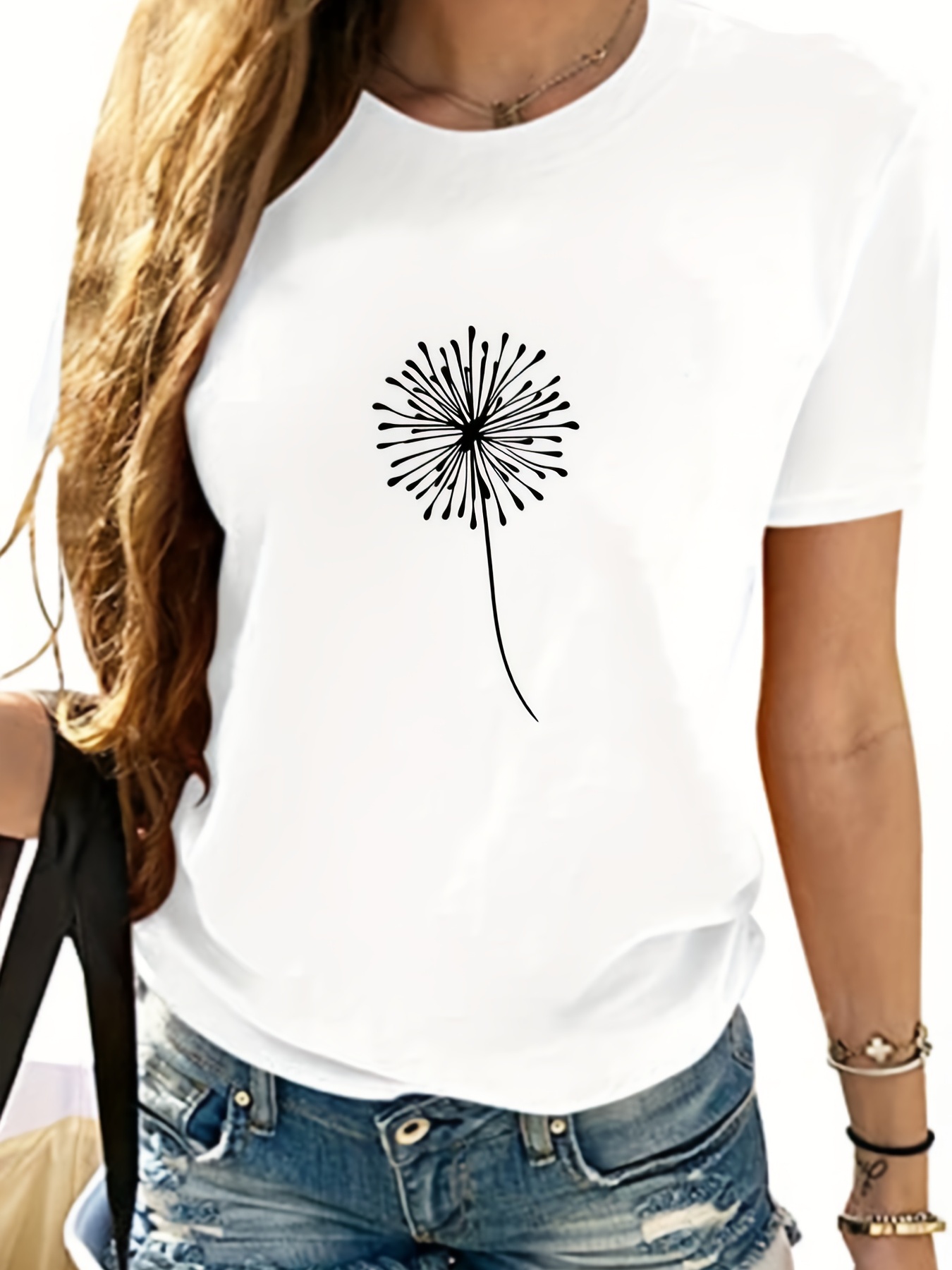 Dandelion Print Color Block T Shirt Casual Crew Neck Short Sleeve T
