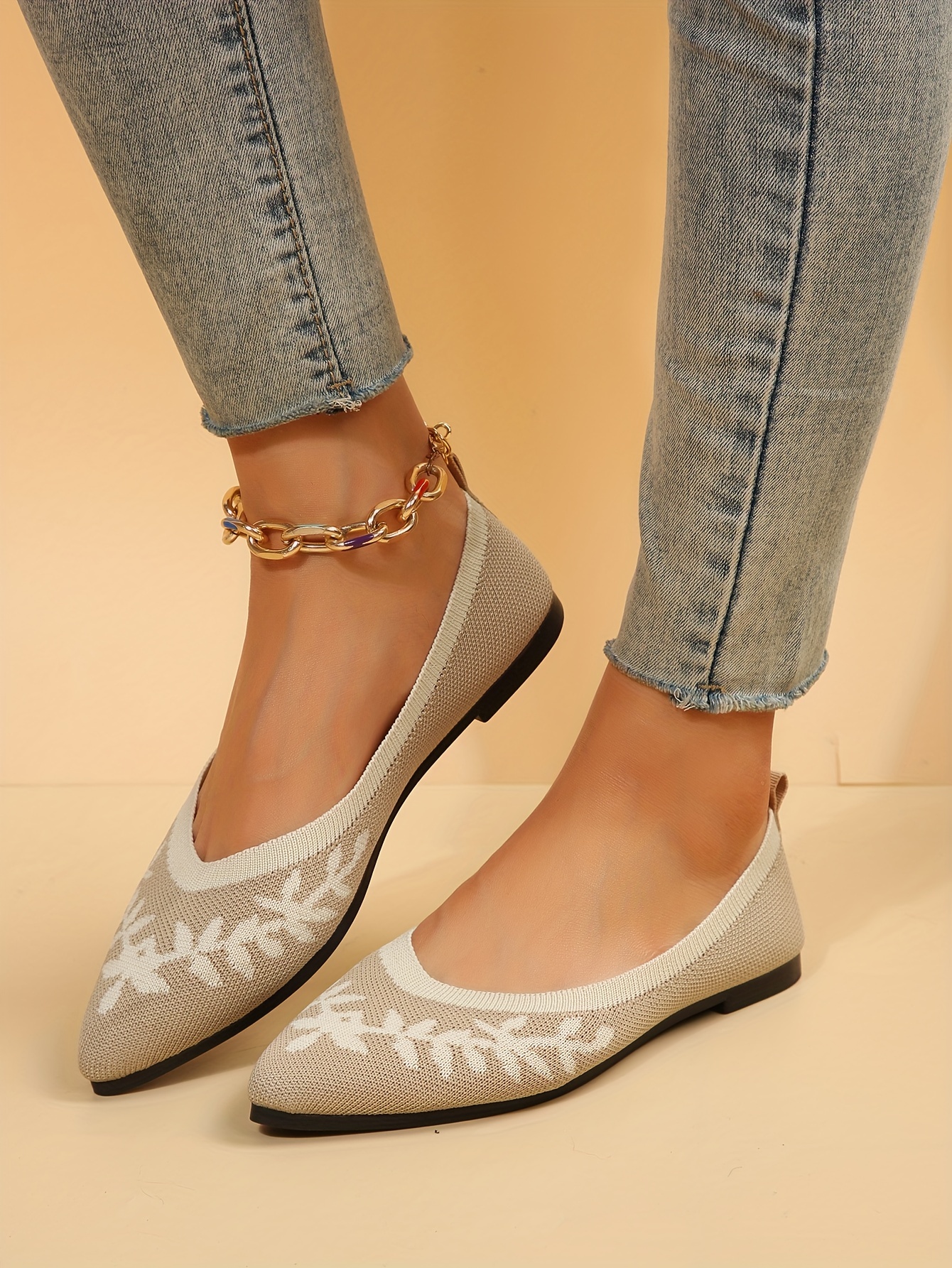 Leaf Pattern Flat Shoes Women s Pointed Toe Knitted Slip - Temu Canada