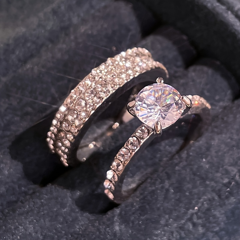 Glamorous Couple Rings Silver Plated Paved Shining Zirconia - Temu ...