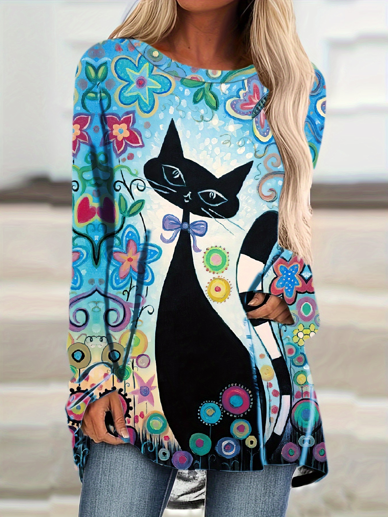 猫と花柄クルーネックtシャツ、春秋用カジュアル長袖トップス、婦人服 Temu Japan