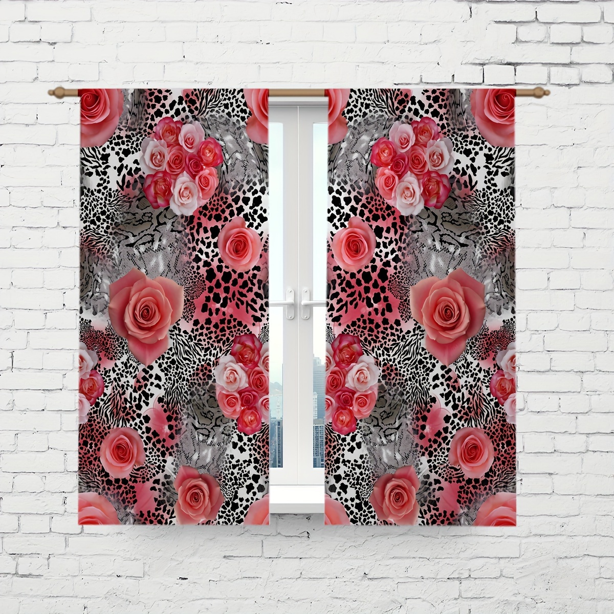 2pcs Leopard Print Rose Flower Print Translucent Curtains - Temu Ireland