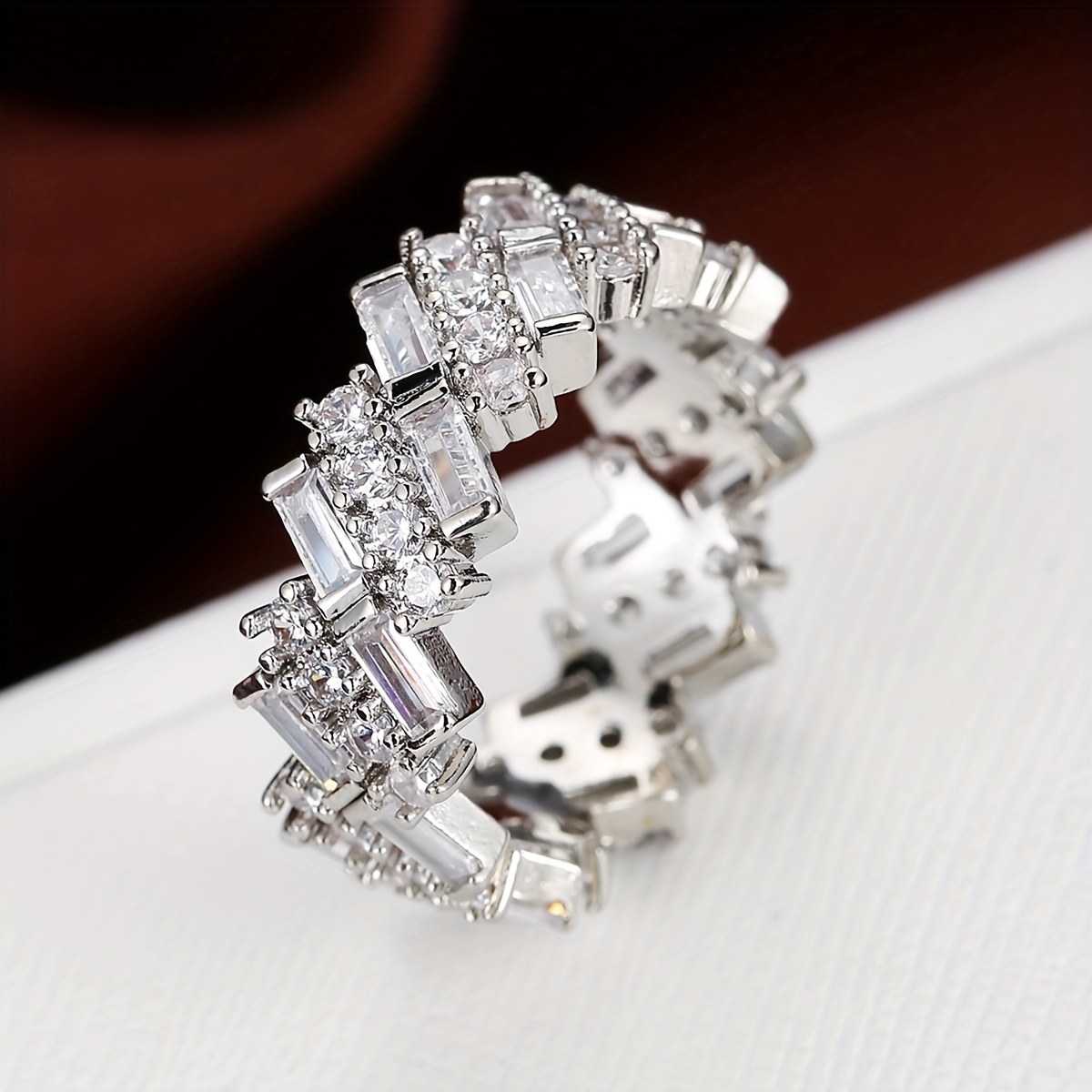 Chic Ring 18k Plated Paved Shining Zirconia Silvery Rose - Temu United ...