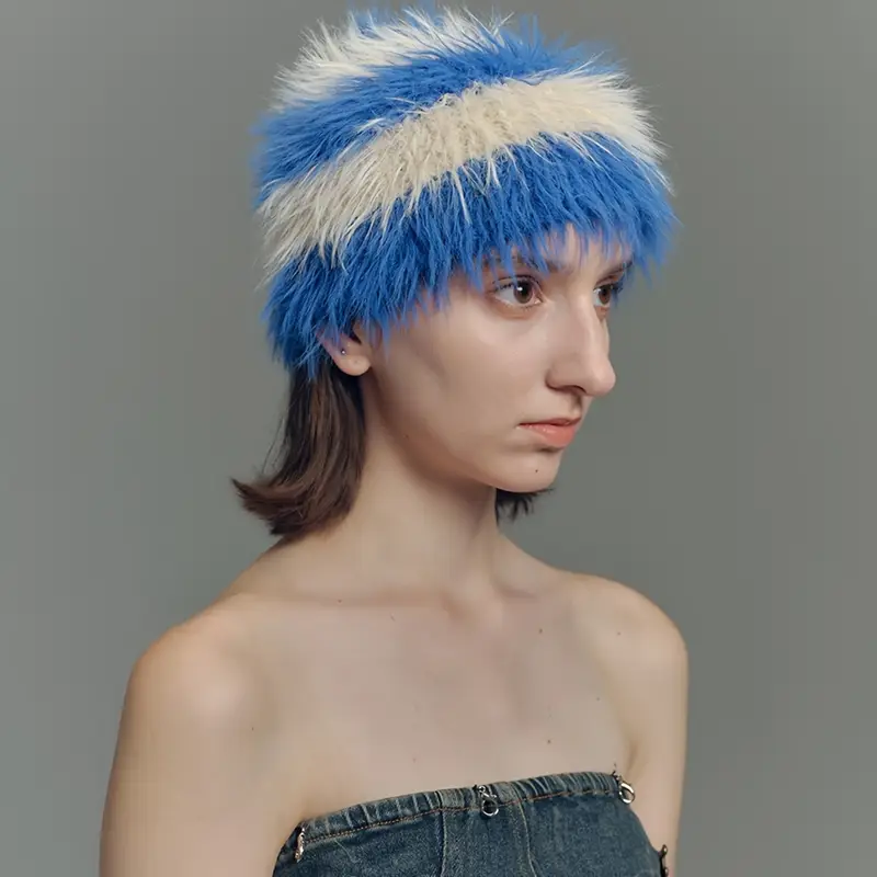 Faux Fur Striped Beanie Trendy Color Block Knit Hats Elastic Temu New