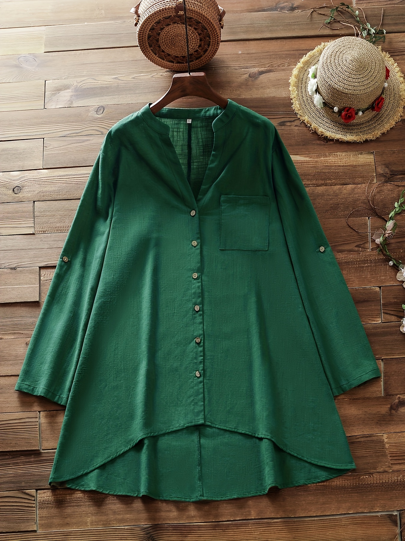 Plus Size Casual Blouse Women's Plus Plain Roll Sleeve V - Temu Netherlands