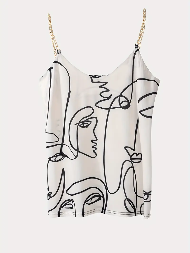 Figure Print Chain Strap Cami Top Casual V Neck Spaghetti Temu