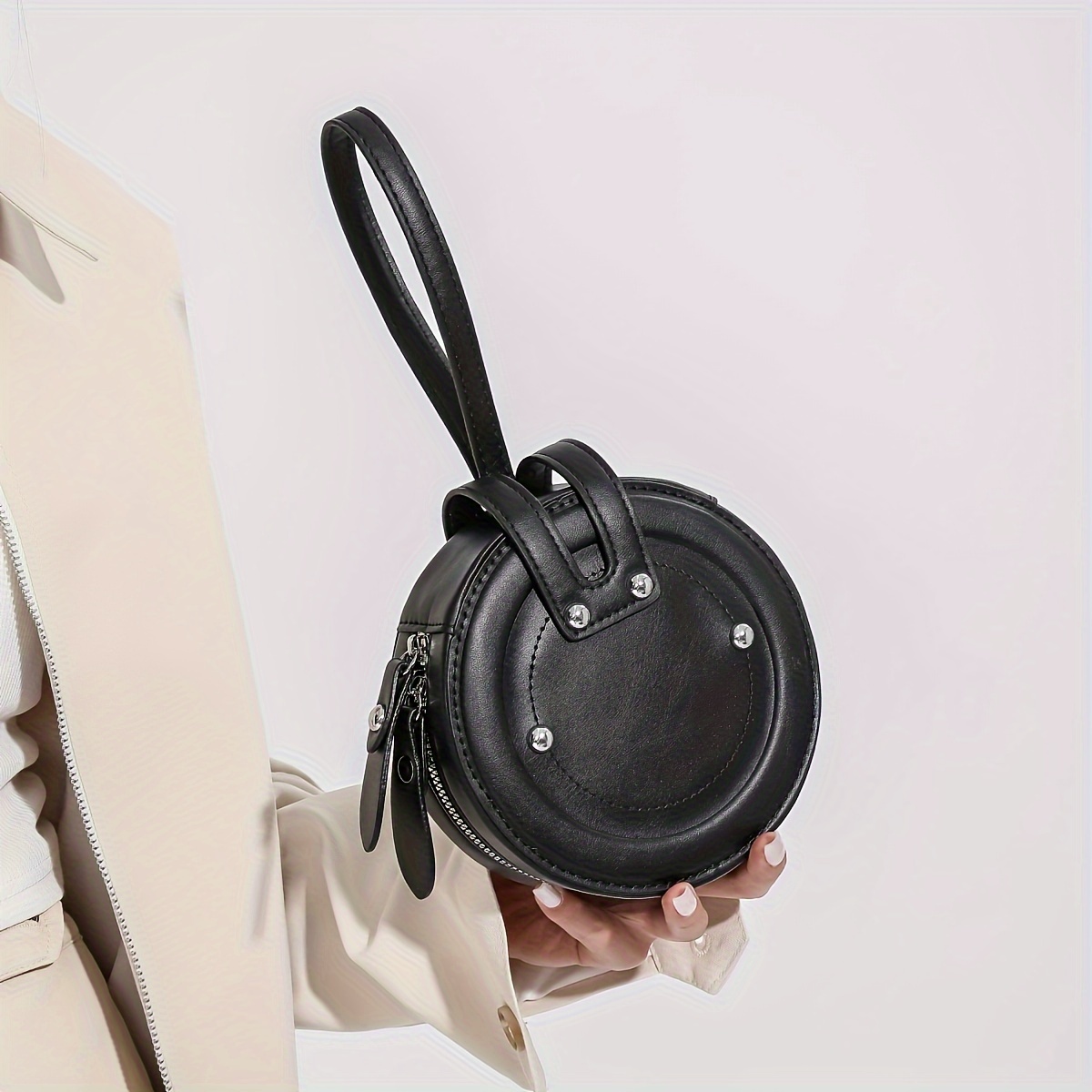 Mini Trendy Round Handbag All match Solid Color Zipper - Temu Canada