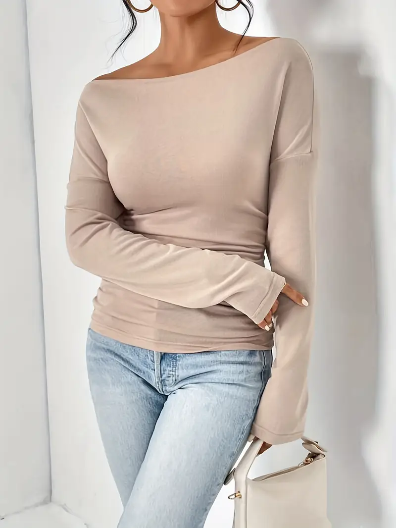 Solid Asymmetrical Neck Ruched T Shirt Casual Long Sleeve Temu