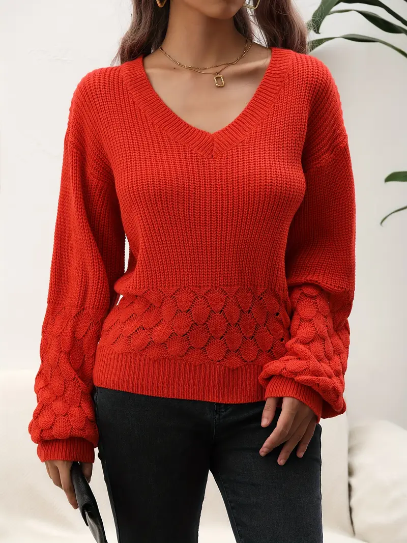 Solid V Neck Textured Sweater Casual Long Sleeve Sweater Temu Canada