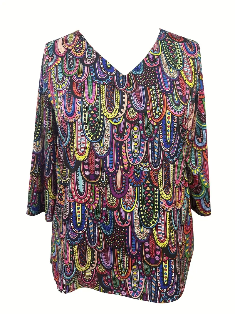 Plus Size Boho Top Womens Plus Allover Paisley Print Half Temu