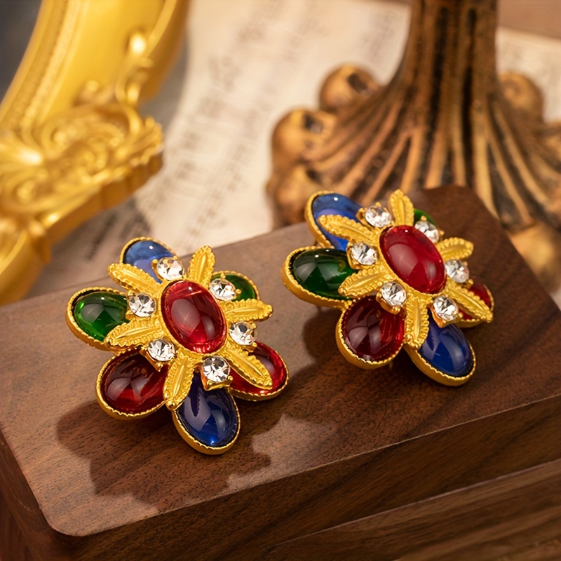 Colorful Enamel Flower Design Red Synthetic Gems Inlaid - Temu United ...