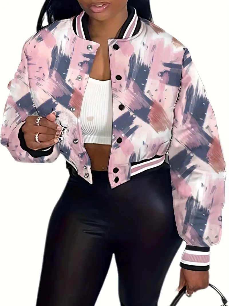 Allover Print Button Button Jacket Casual Long Sleeve Crop Temu Ireland