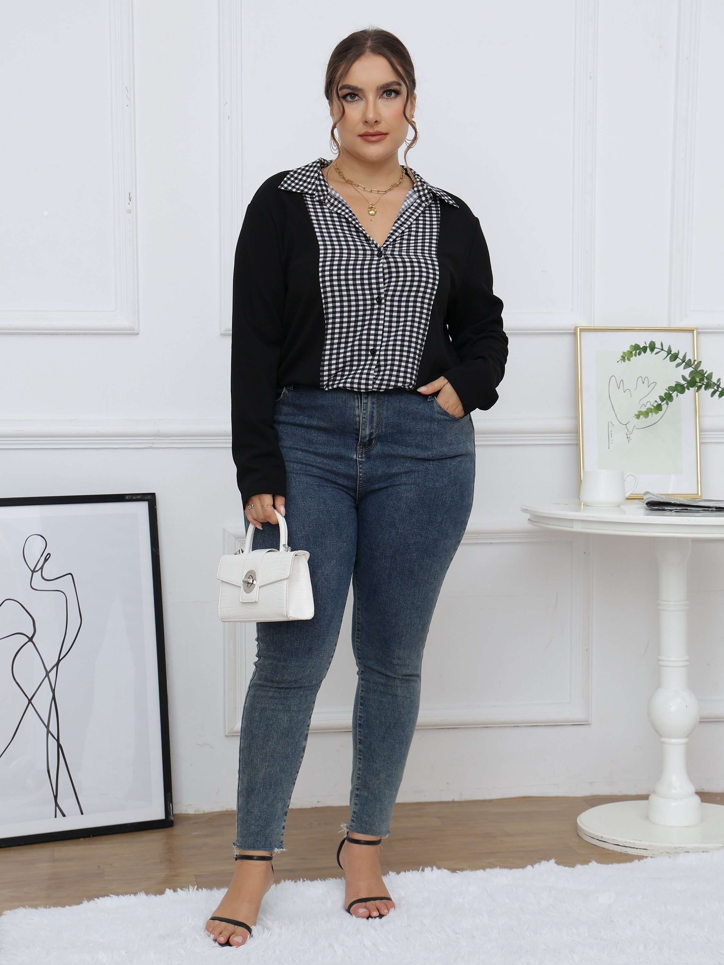 Preppy Blouse Plus Size Women s Plus Colorblock Plaid Print - Temu New ...