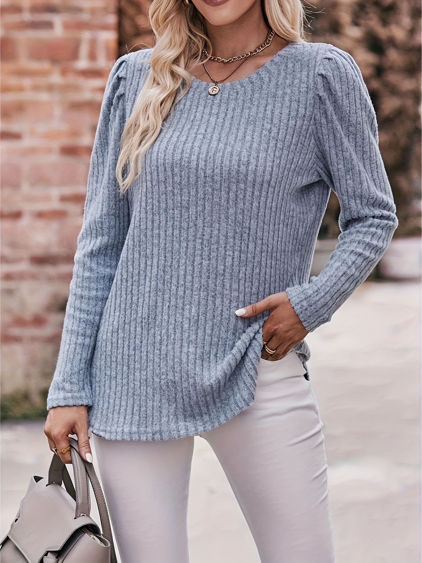 Ribbed Crew Neck T shirt Casual Long Sleeve Top - Temu New Zealand