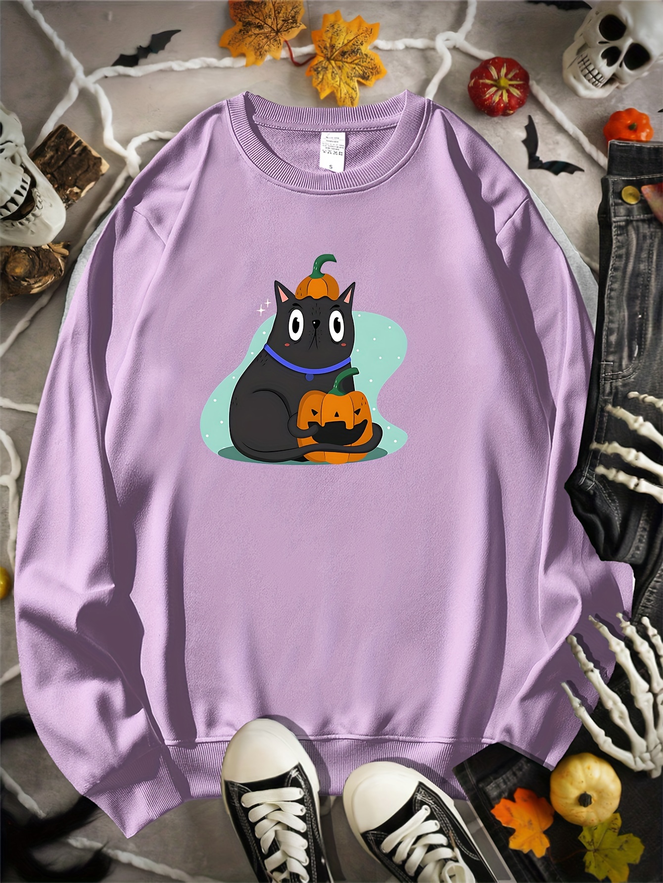 Cute Black Cat Pumpkins Print Casual Loose Fashion Long - Temu Philippines