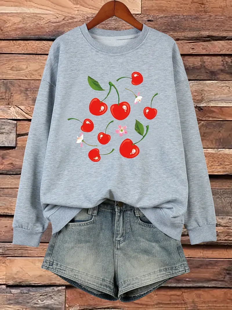 Cherry Print Sweatshirt Plus Size Crew Neck Casual Temu Canada