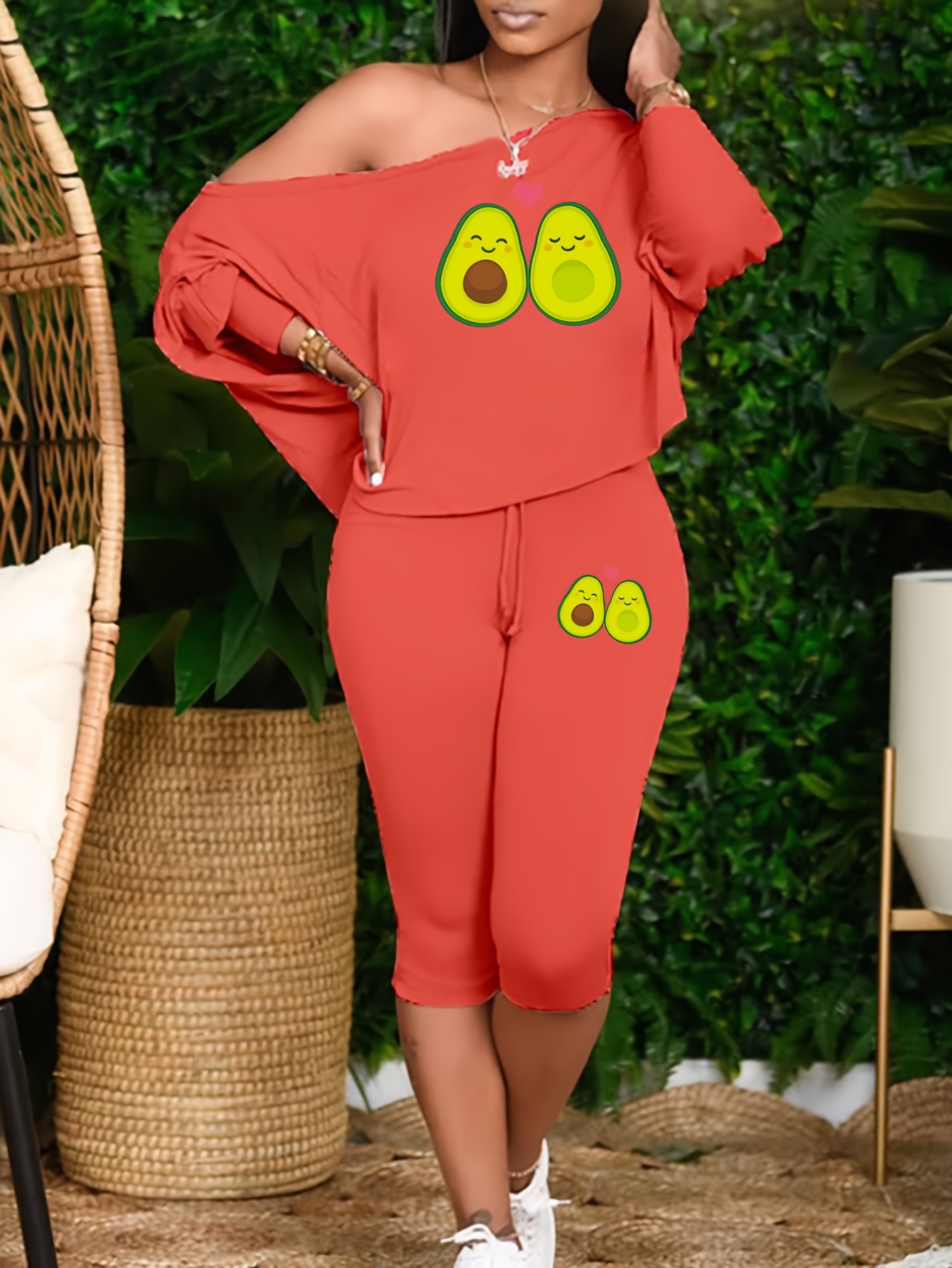 Cartoon Avocado Print Lounge Set Casual One Shoulder Long - Temu New ...