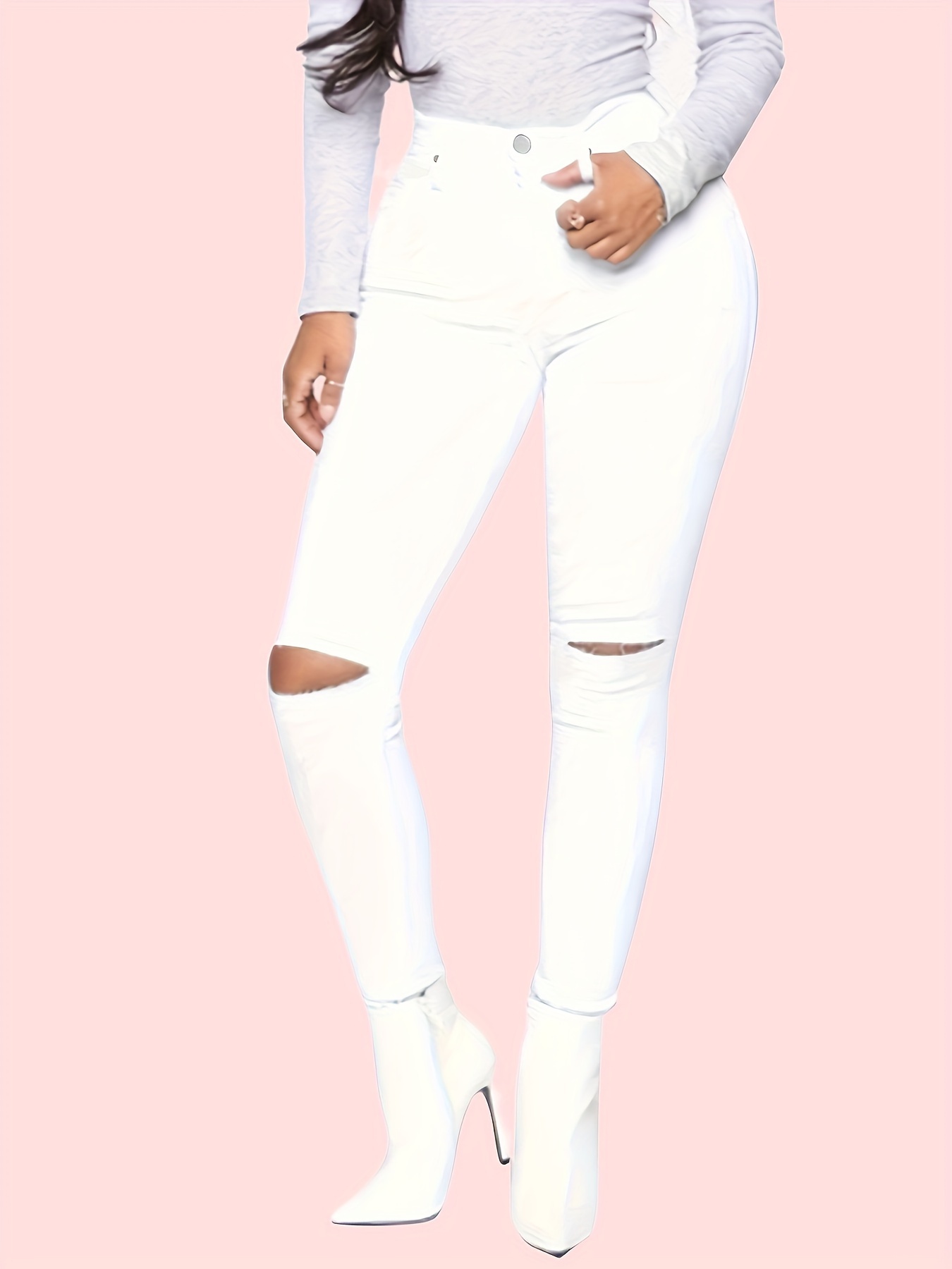 Basic Jeans Plus Size Women s Plus Ripped Button Fly High - Temu Australia