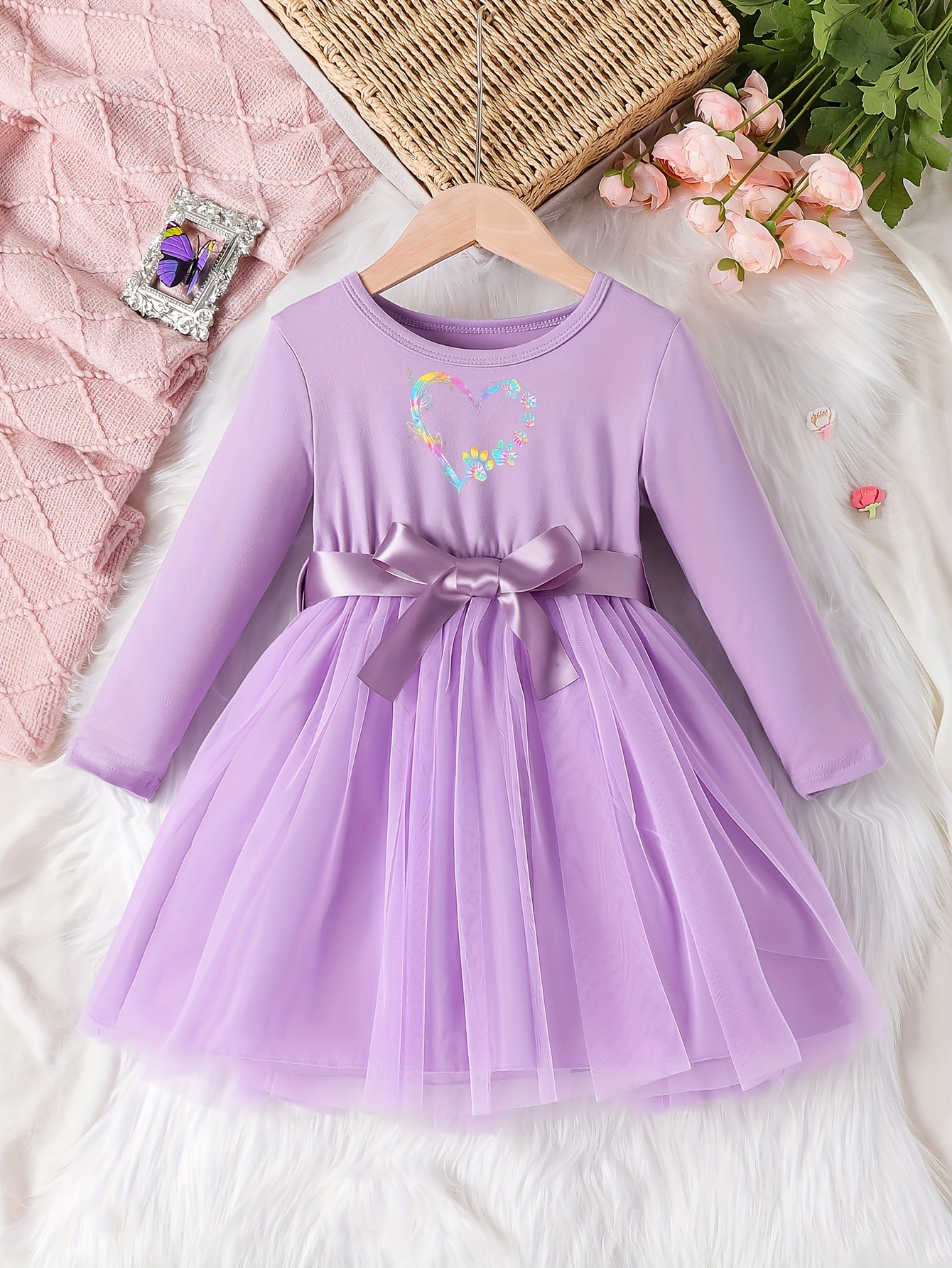 Girls Colorful Heart Pattern Crew Neck Princess Tutu Dress - Temu Australia