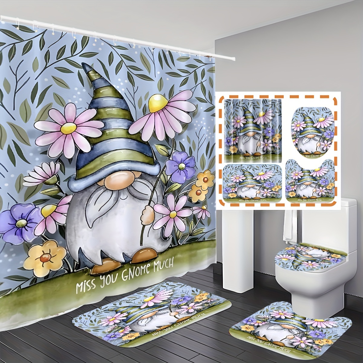 1 4pcs Gnome Floral Pattern Shower Curtain Set Waterproof - Temu New ...