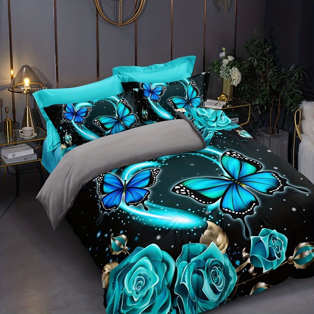 Duvet Cover Set Flower Butterfly Rose Print Bedding Set Soft - Temu