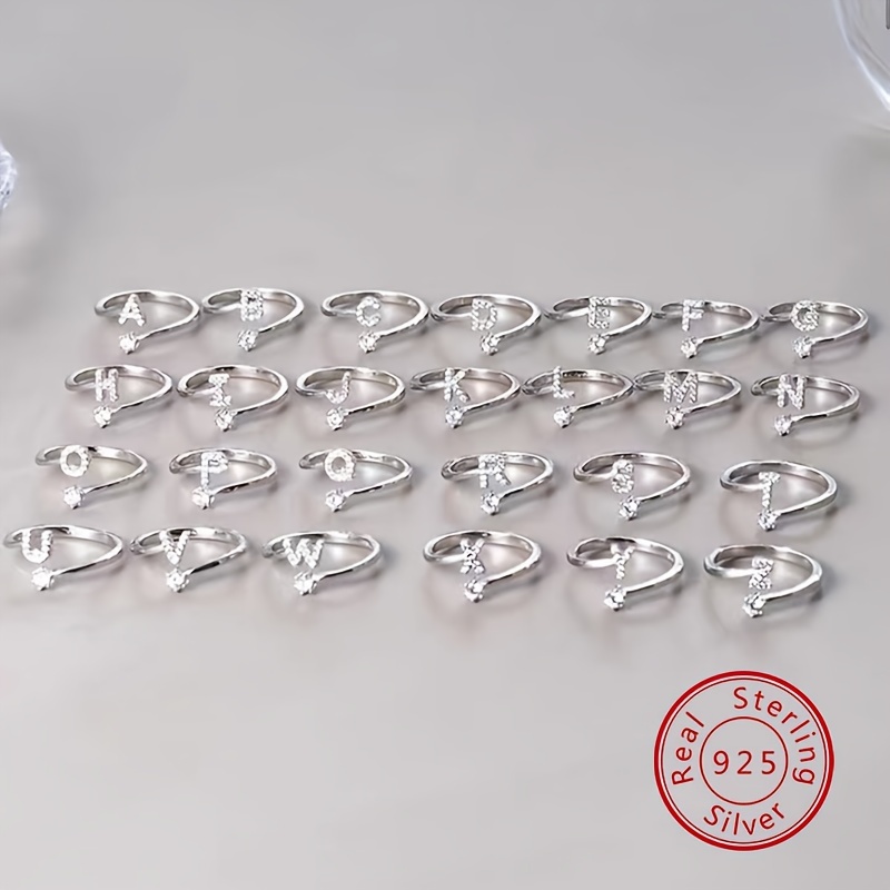 925 Sterling Silver Zircon Ring 26 Letters Open Ring Luxury - Temu ...