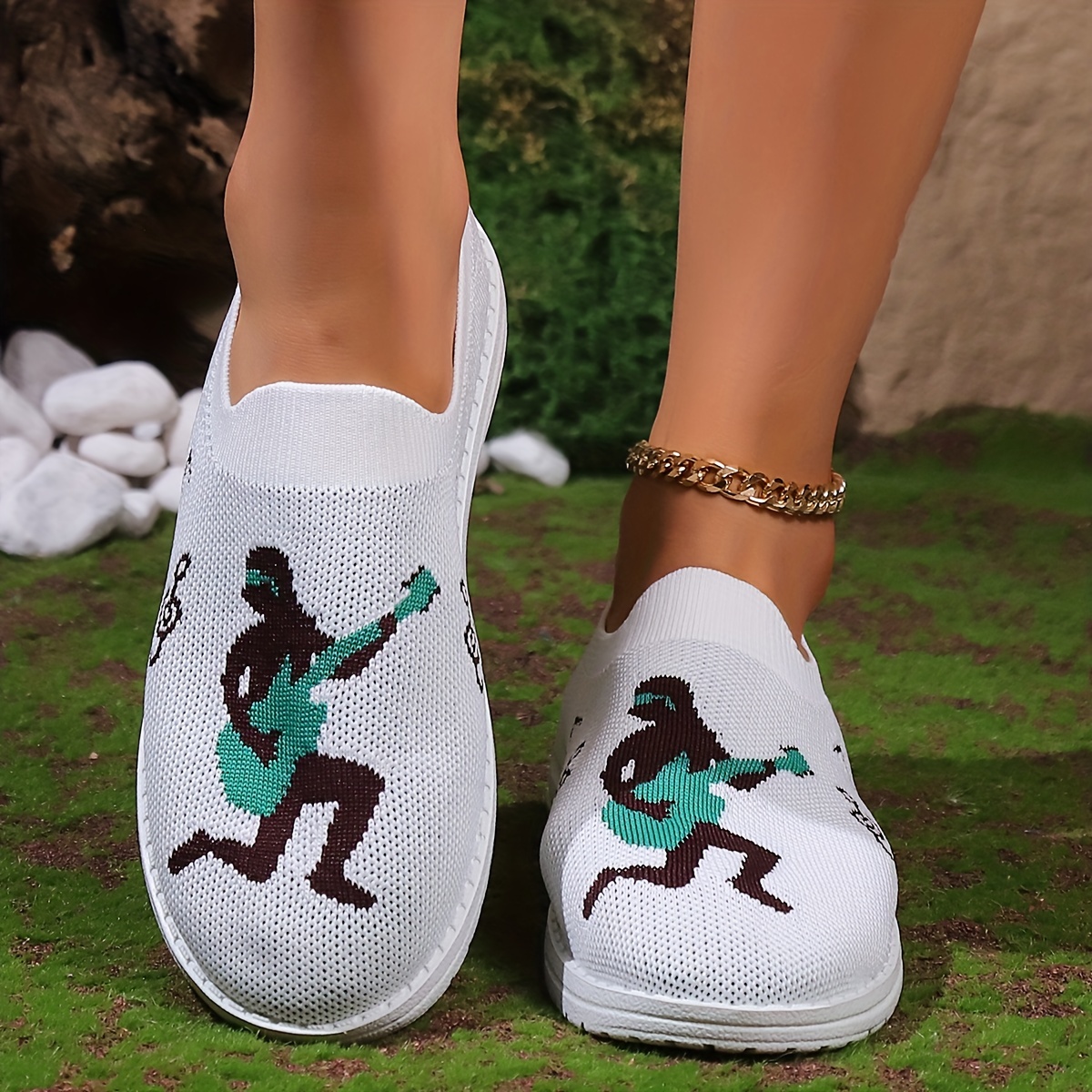 Cartoon Guitar Pattern Flats Women's Breathable Slip Knitted - Temu Canada