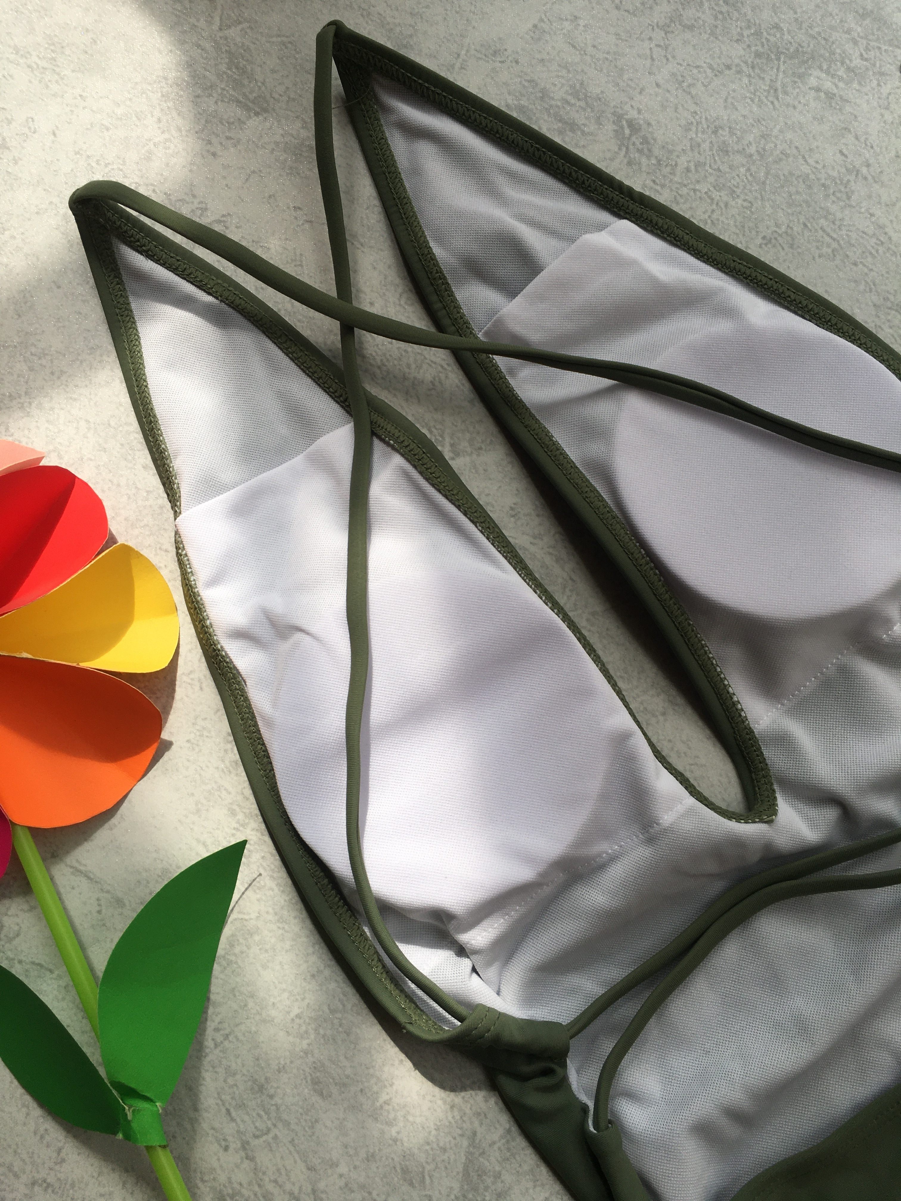 Deep V Neck Bathing Suit Solid Color Cross Tie Side - Temu Australia