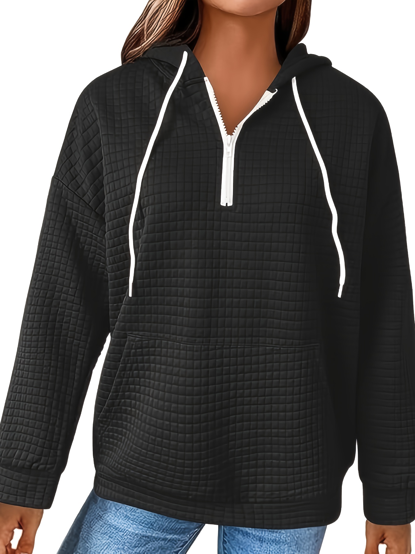 Waffle Quarter Zip Kangaroo Pocket Hoodie Casual Long Sleeve - Temu Canada