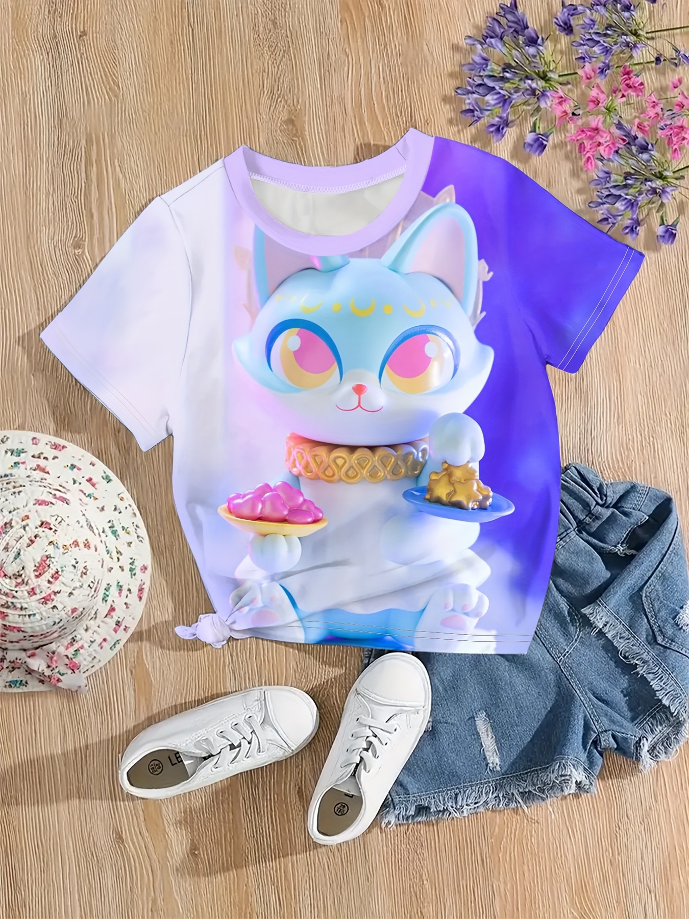 Cute 3d Kitty Graphic Crew Neck Short Sleeve T shirt Top - Temu New Zealand
