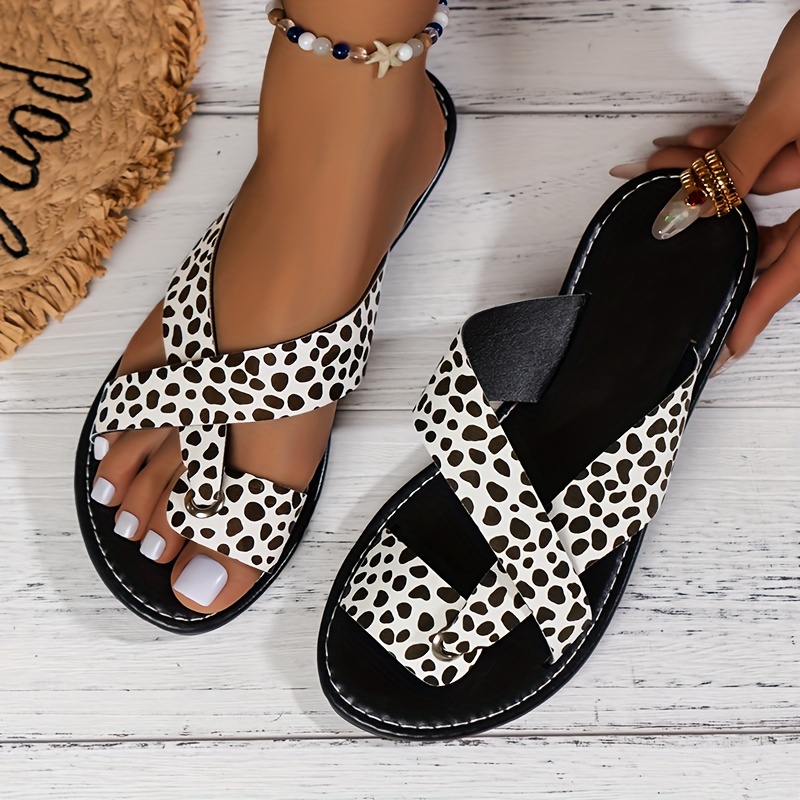 Leopard Print Slide Sandals Women s Casual Toe Loop Flat - Temu Australia