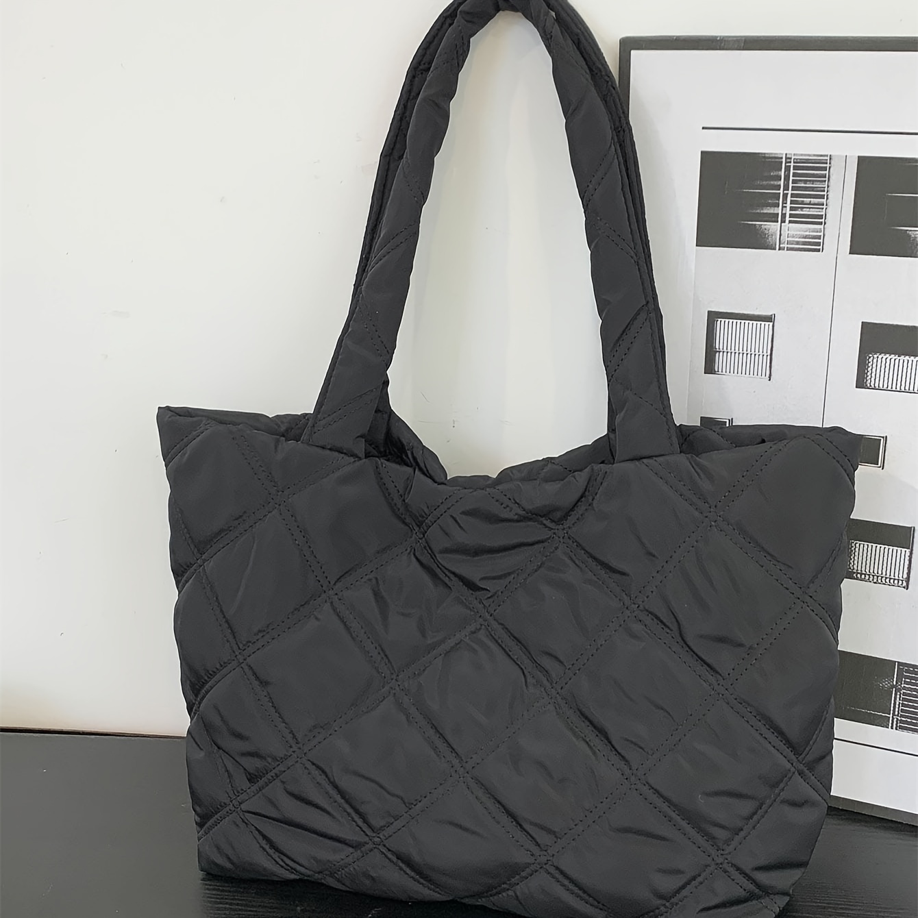 Black Large Capacity Quilted Tote Bag match Lightweight - Temu Canada