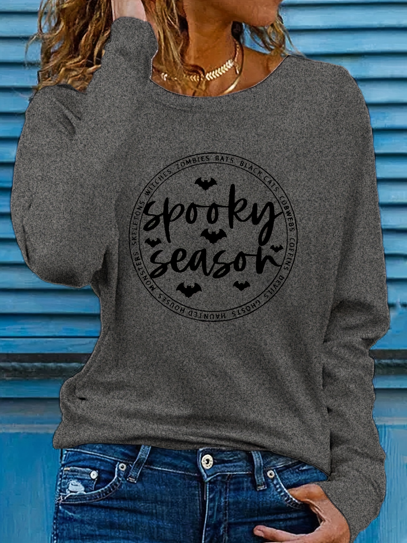 Halloween Spooky Season Print T shirt Casual Crew Neck Long - Temu Philippines
