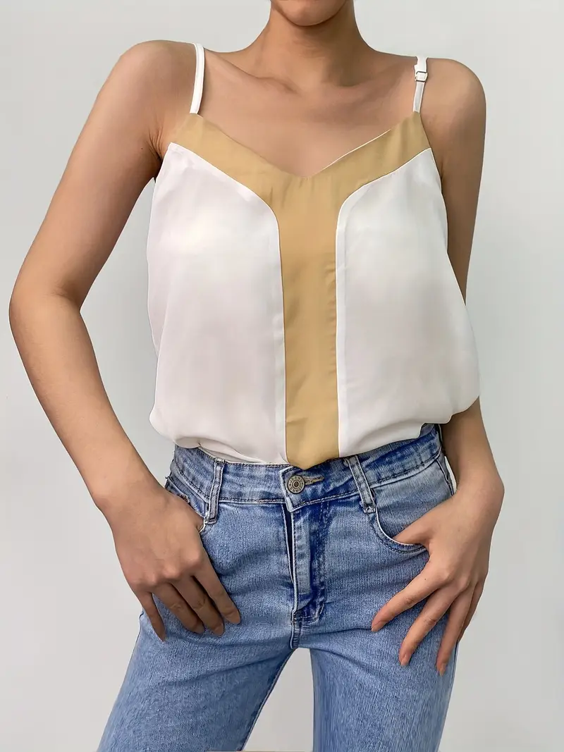 Color Block V Neck Cami Top Elegant Spaghetti Strap Top Temu Australia