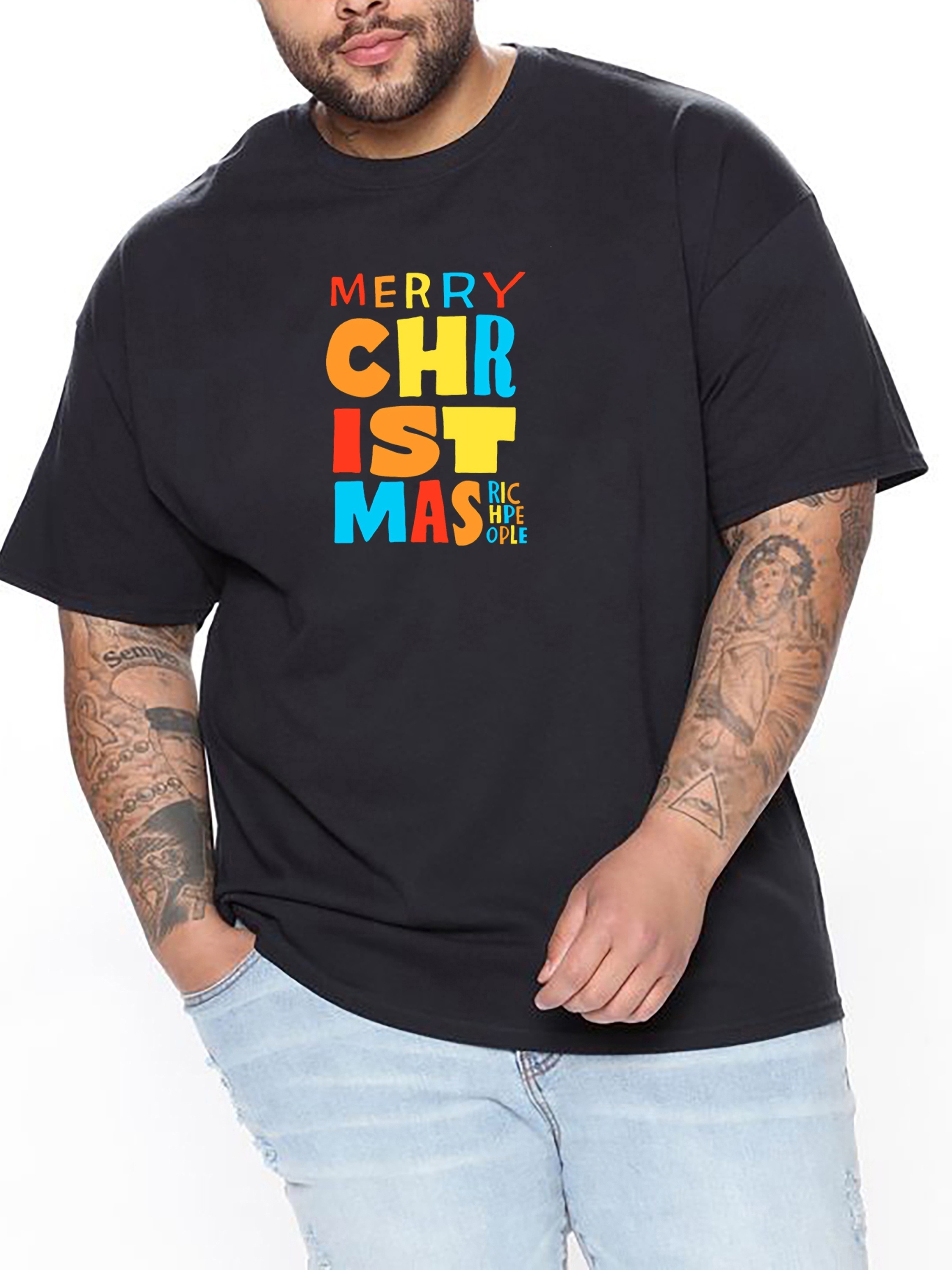 男性用「メリークリスマス」トレンディなtシャツ 大きくて背の高い男性向けのプラスサイズの快適な夏グラフィックtシャツ Temu Japan