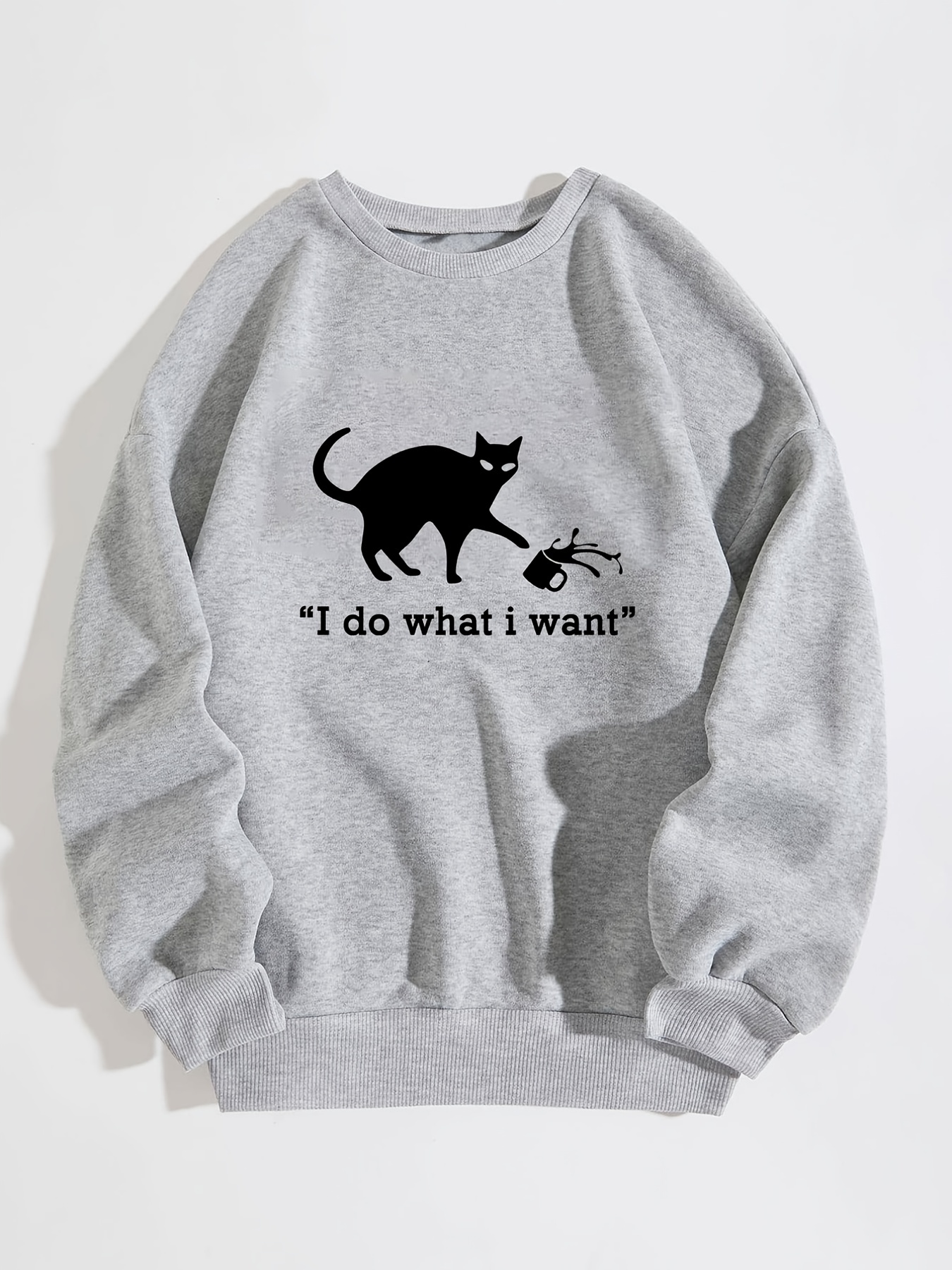 Cartoon Cat Graphic Print Pullover Crew Neck Long Sleeve Casual ...