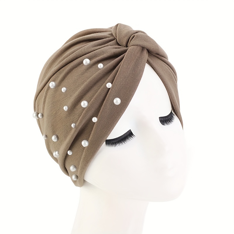 Faux Pearl Decor Turban Hats Elegant Forehead Cross Knot - Temu Australia