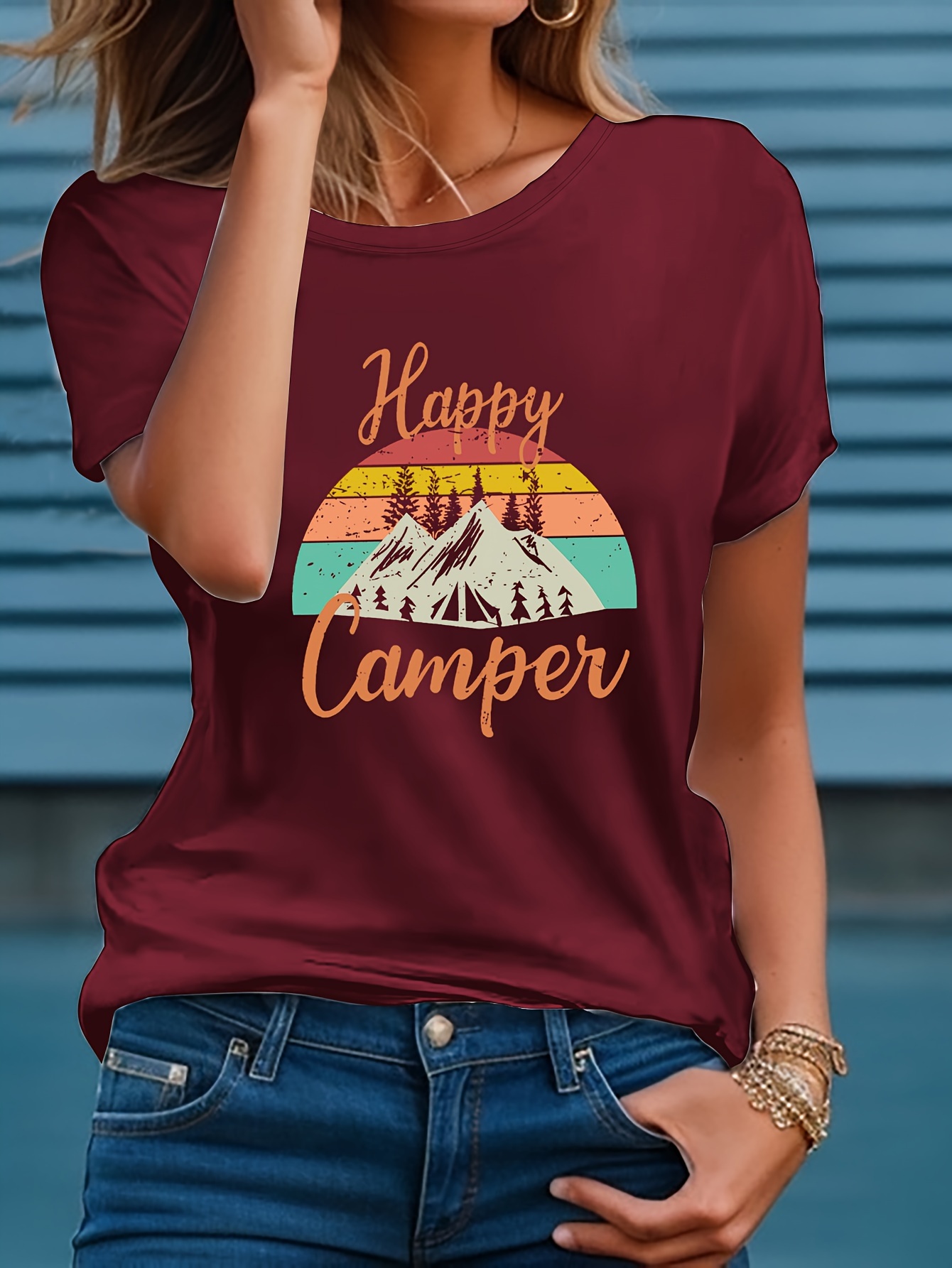 Happy Camper Print T shirt Short Sleeve Crew Neck Casual Top - Temu Philippines