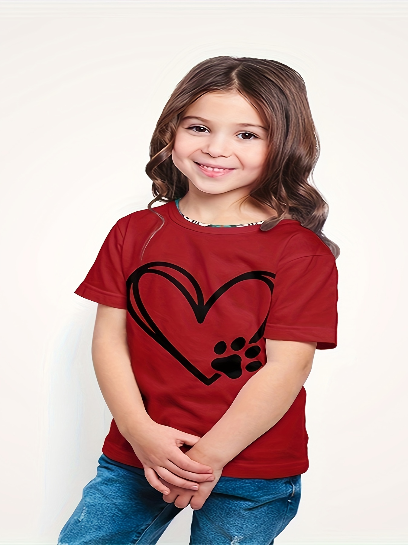 Girls/boys Casual Heart Graphic Crew Neck Short Sleeve T - Temu Australia
